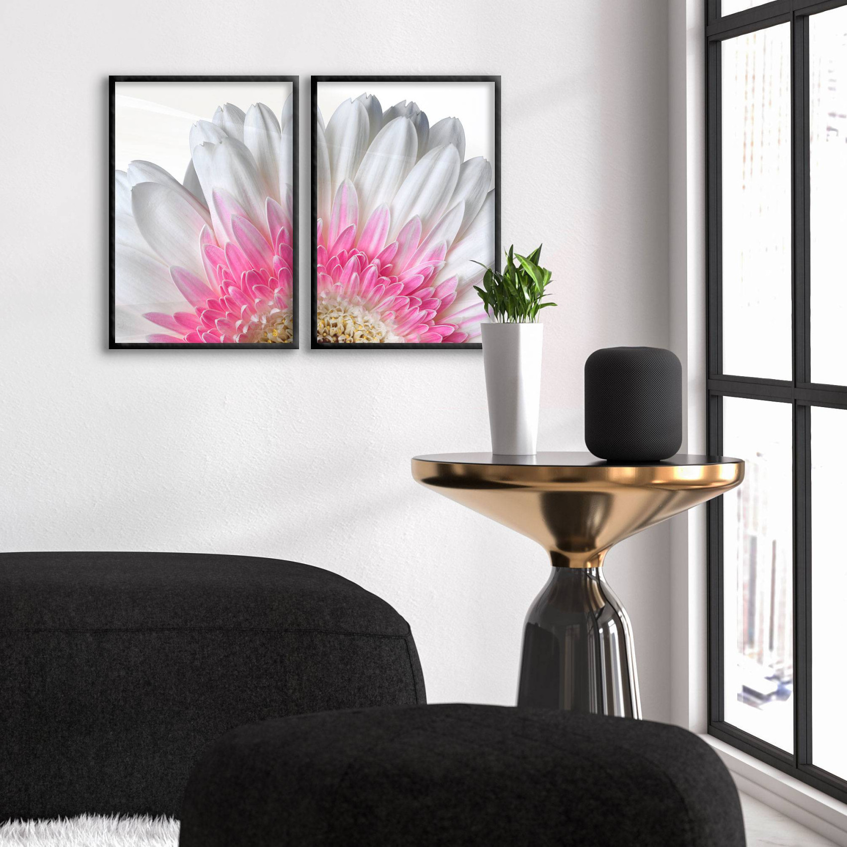 Rosa & vit blomma - Ljus tavla i två delar