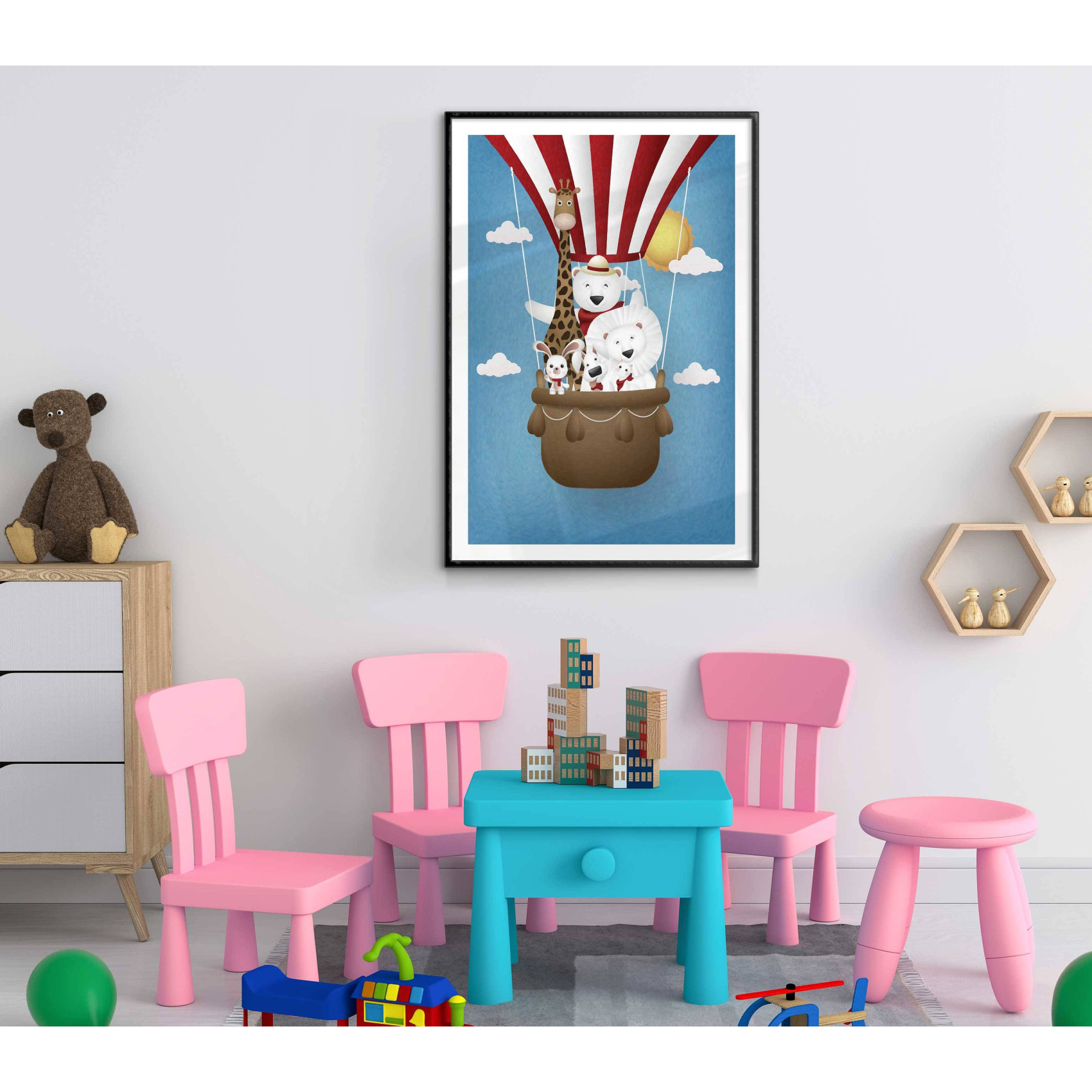Colorful kids poster - Animals in an air balloon