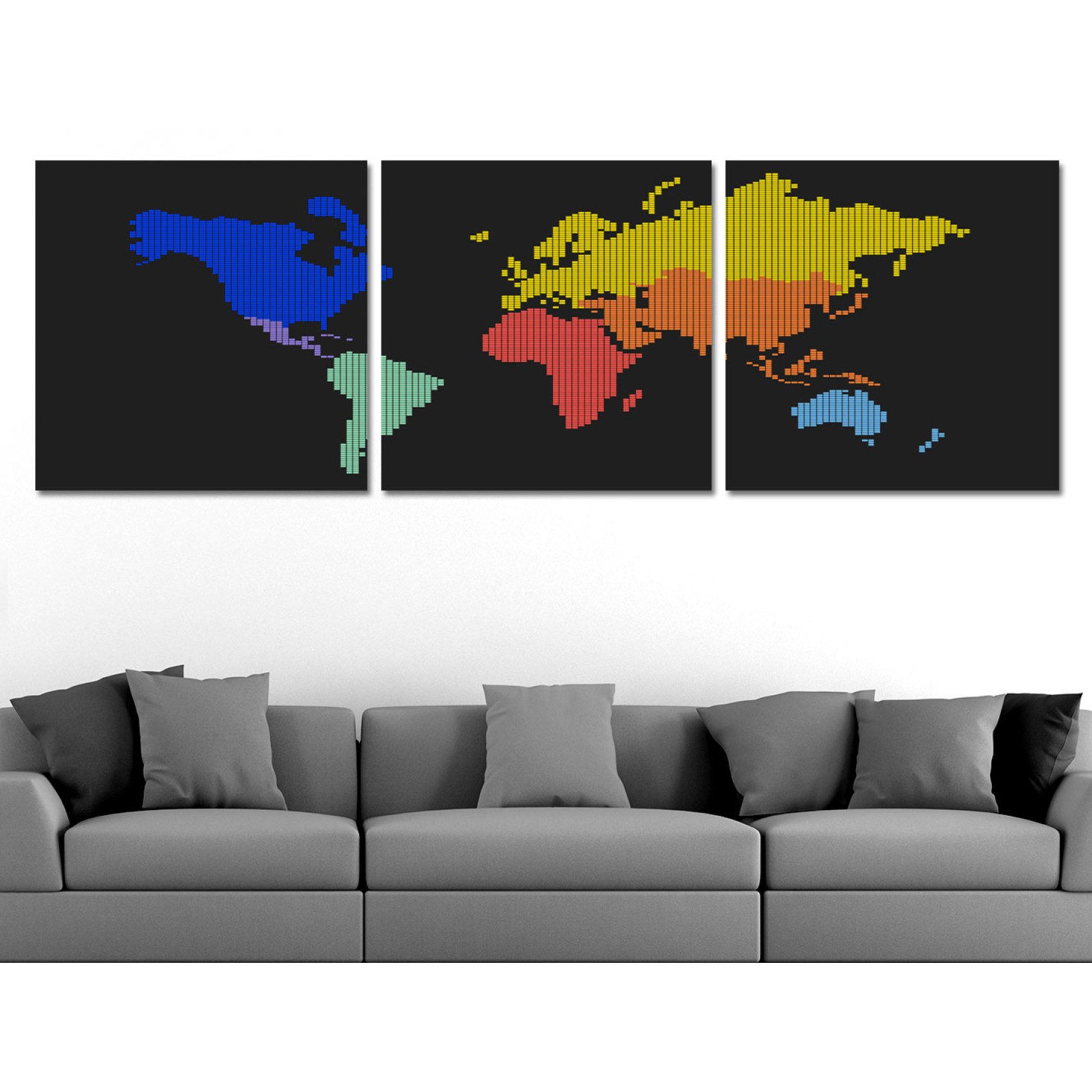 Digital färgstark världskarta - Tredelad tavla
